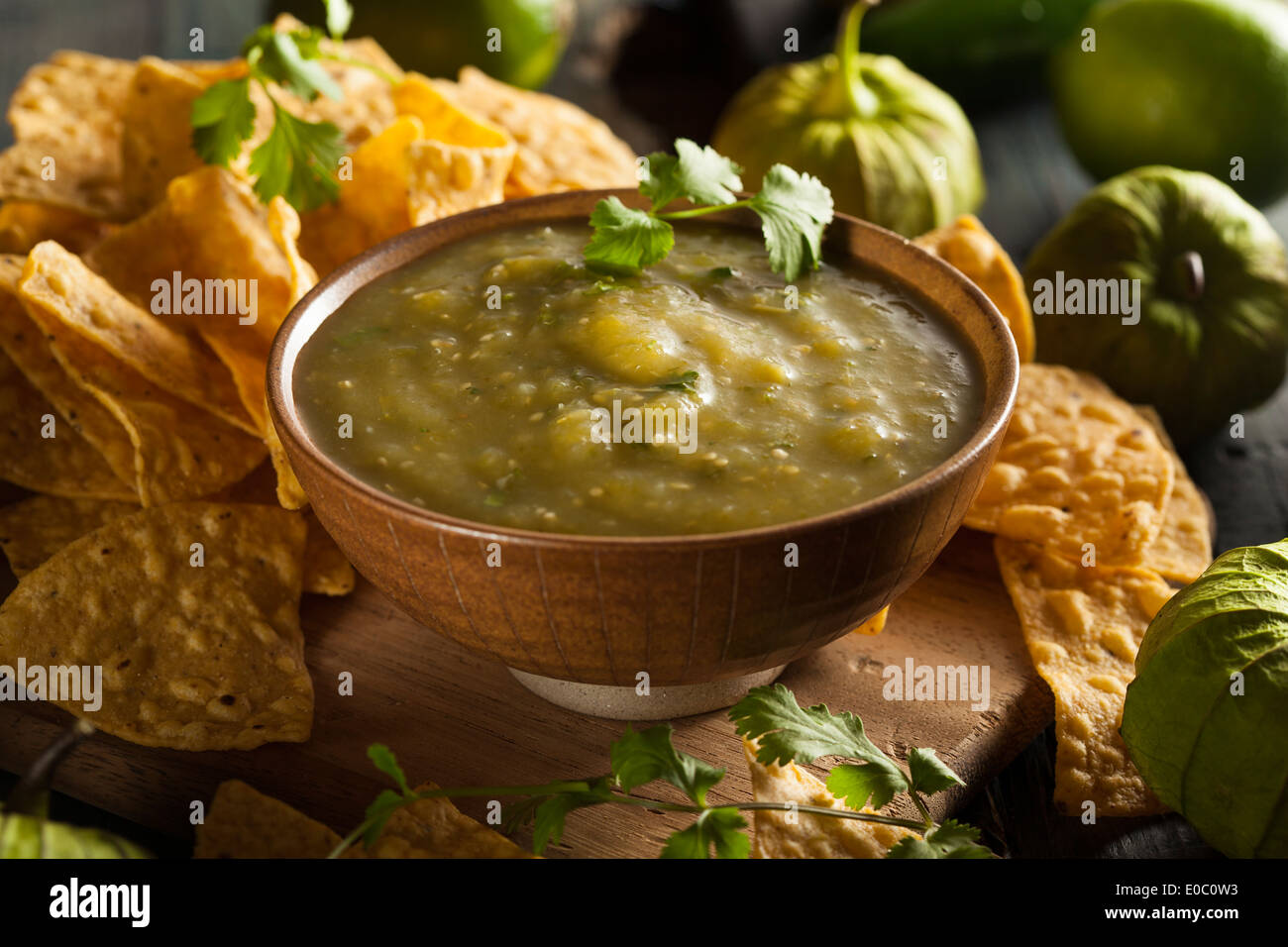 Homemade Salsa Verde with Cilantro and Tortilla Chips Stock Photo - Alamy