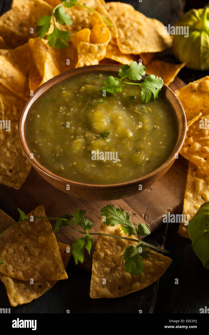 Homemade Salsa Verde with Cilantro and Tortilla Chips Stock Photo - Alamy