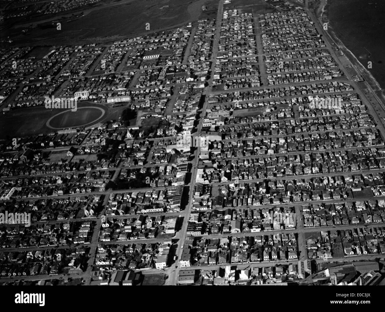 An aerial photograph of Petone, New Zealand, looking east. The image ...
