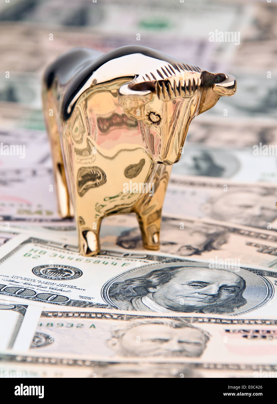 A lot of dollar of bank notes with bull and bear. Symbolic photo share ...