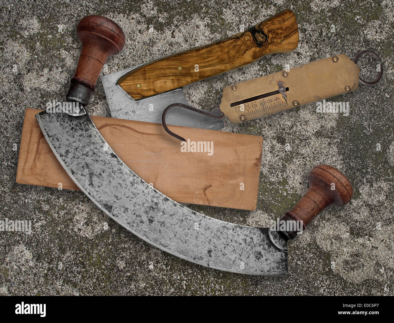 vintage kitchen utensils collage over old concrete background Stock ...