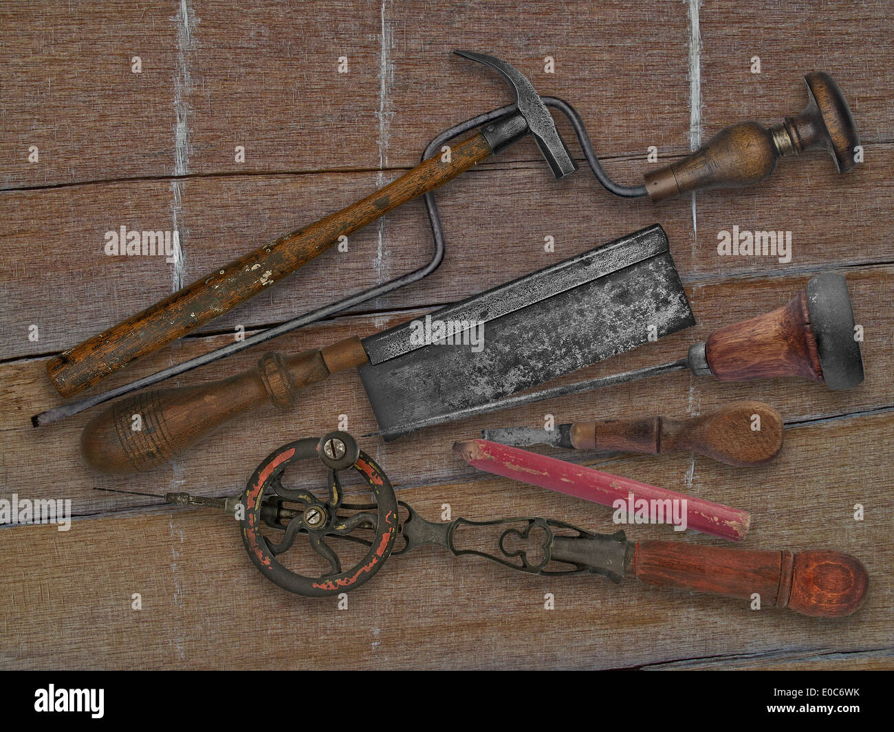 vintage woodworking tools over weathered drift wood background Stock ...