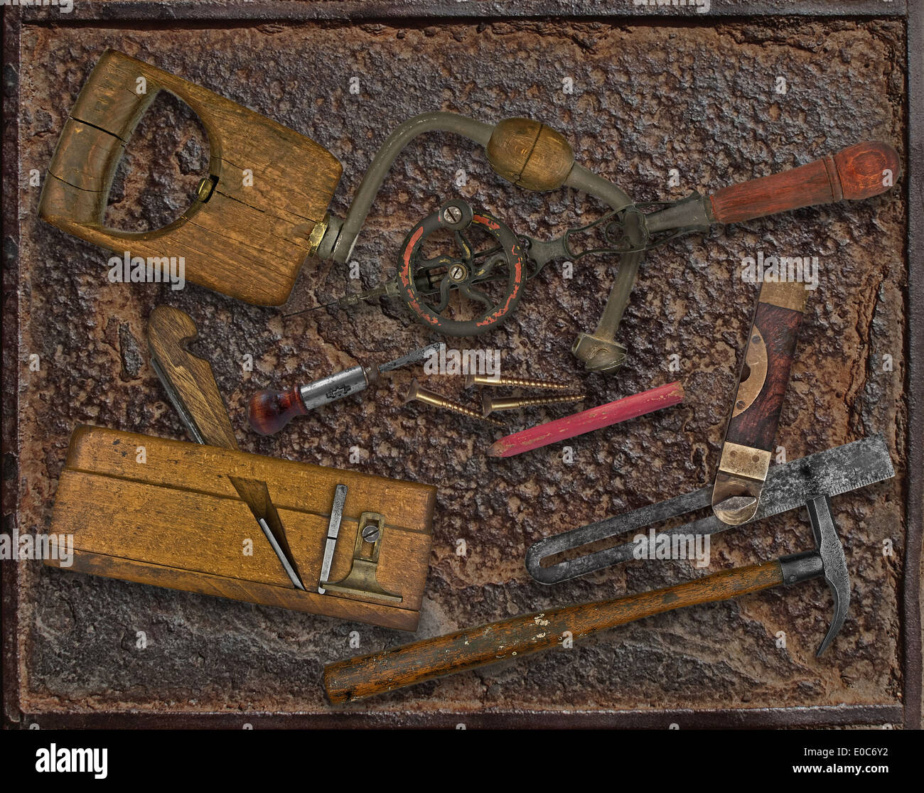 vintage woodworking tools over rusty industrial metal plate Stock Photo ...