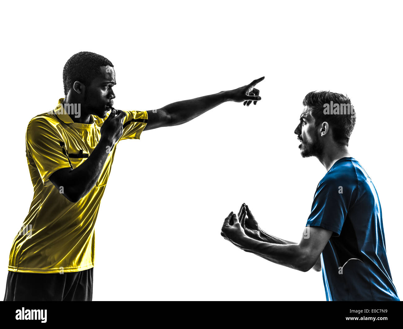 two men soccer player and referee in silhouette on white background ...