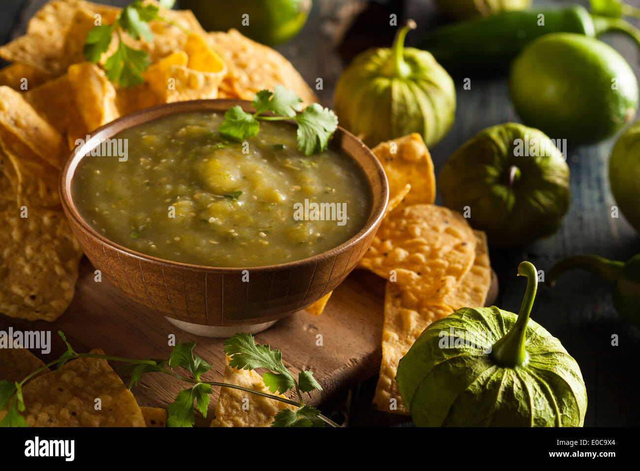Homemade Salsa Verde with Cilantro and Tortilla Chips Stock Photo - Alamy