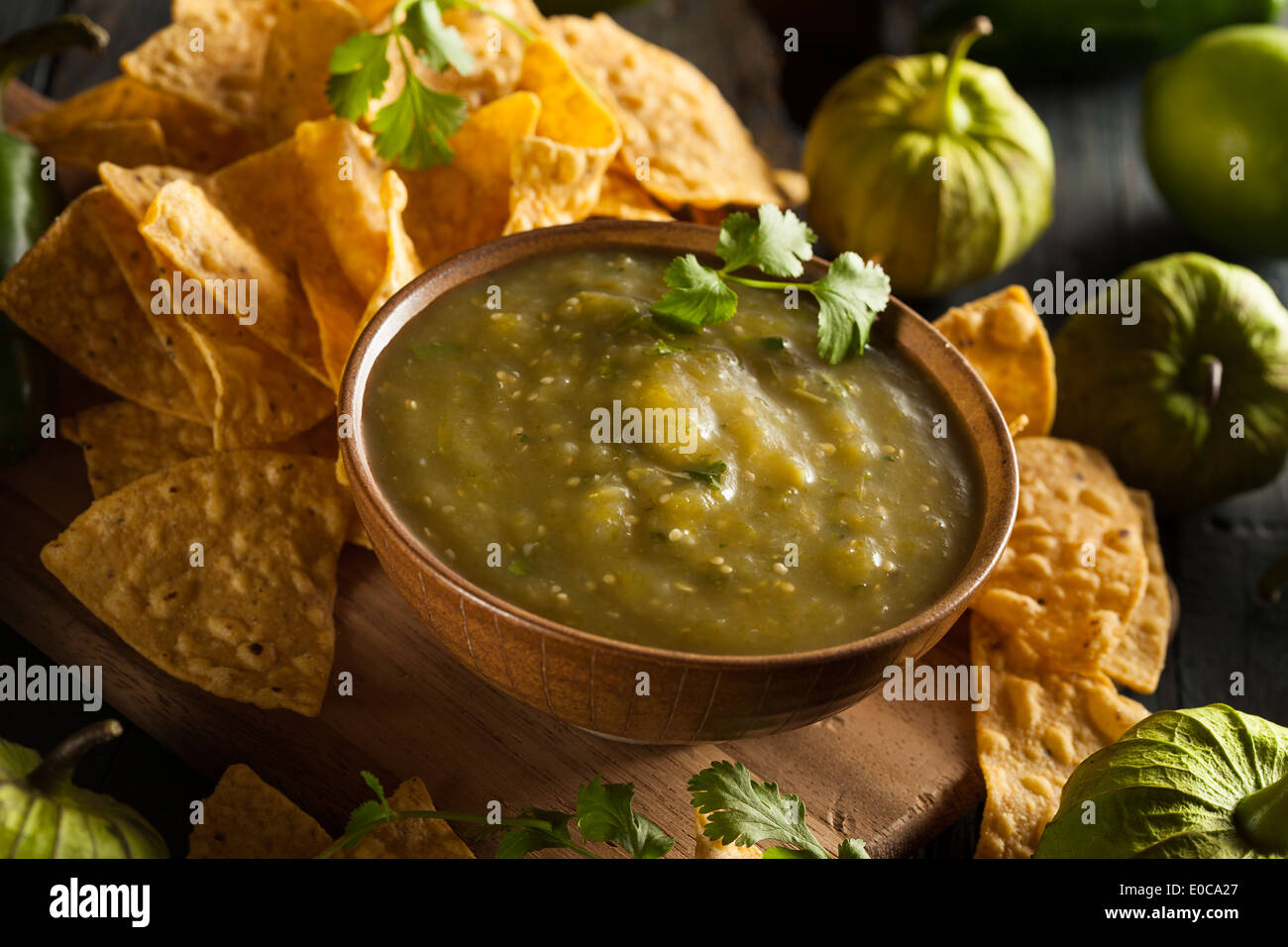 Homemade Salsa Verde with Cilantro and Tortilla Chips Stock Photo - Alamy