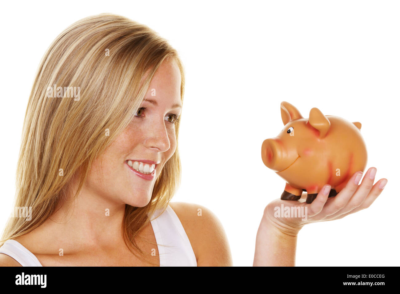 A young woman saves money and coins for the future. Precaution and save ...