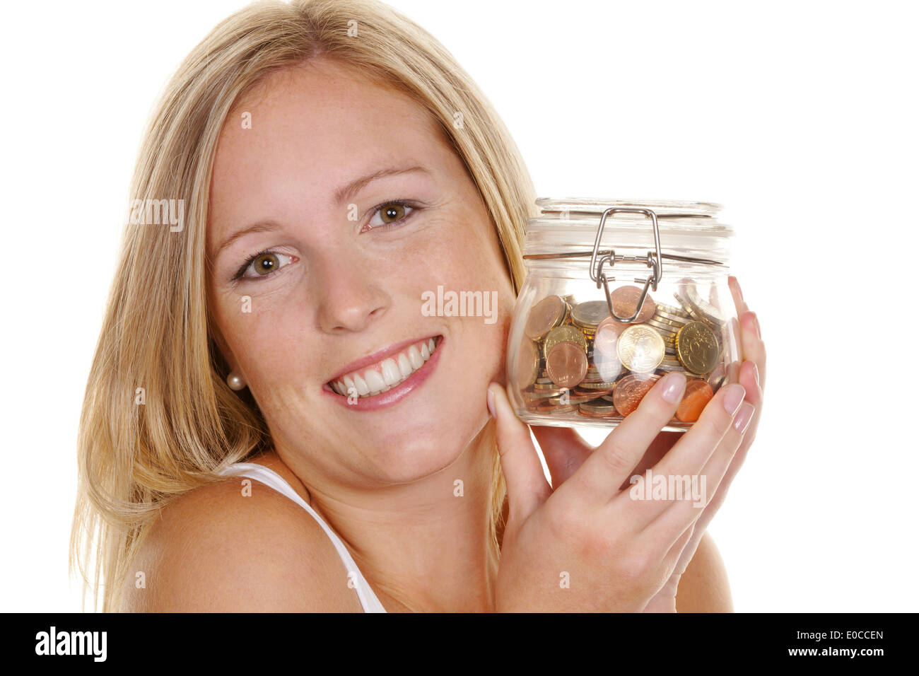 A young woman saves money and coins for the future. Precaution and save ...