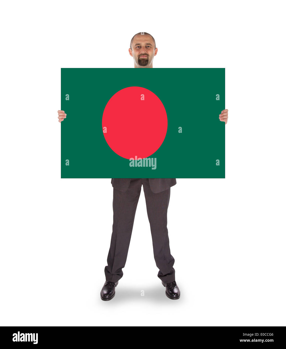 Businessman holding a big card flag of Bangladesh isolated on white ...