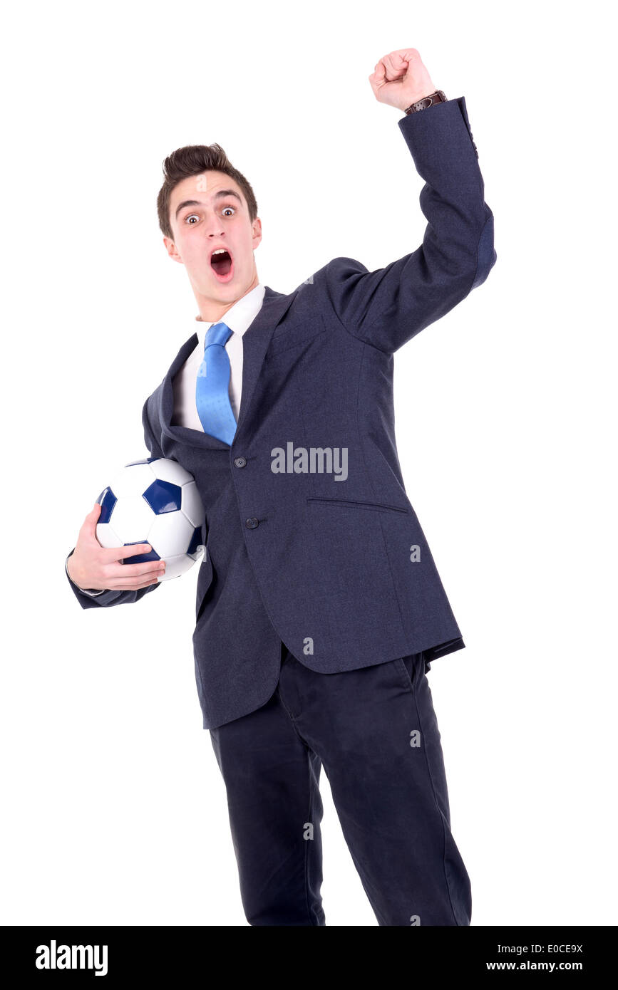 Happy businessman celebrating a goal isolated in white Stock Photo - Alamy