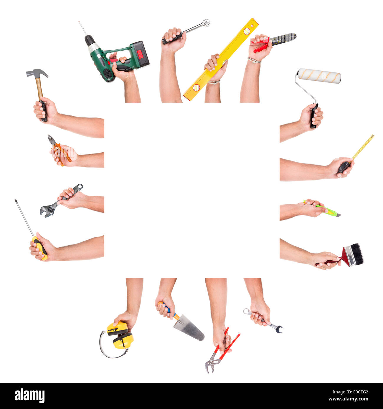 Several hands with construction tools Stock Photo - Alamy