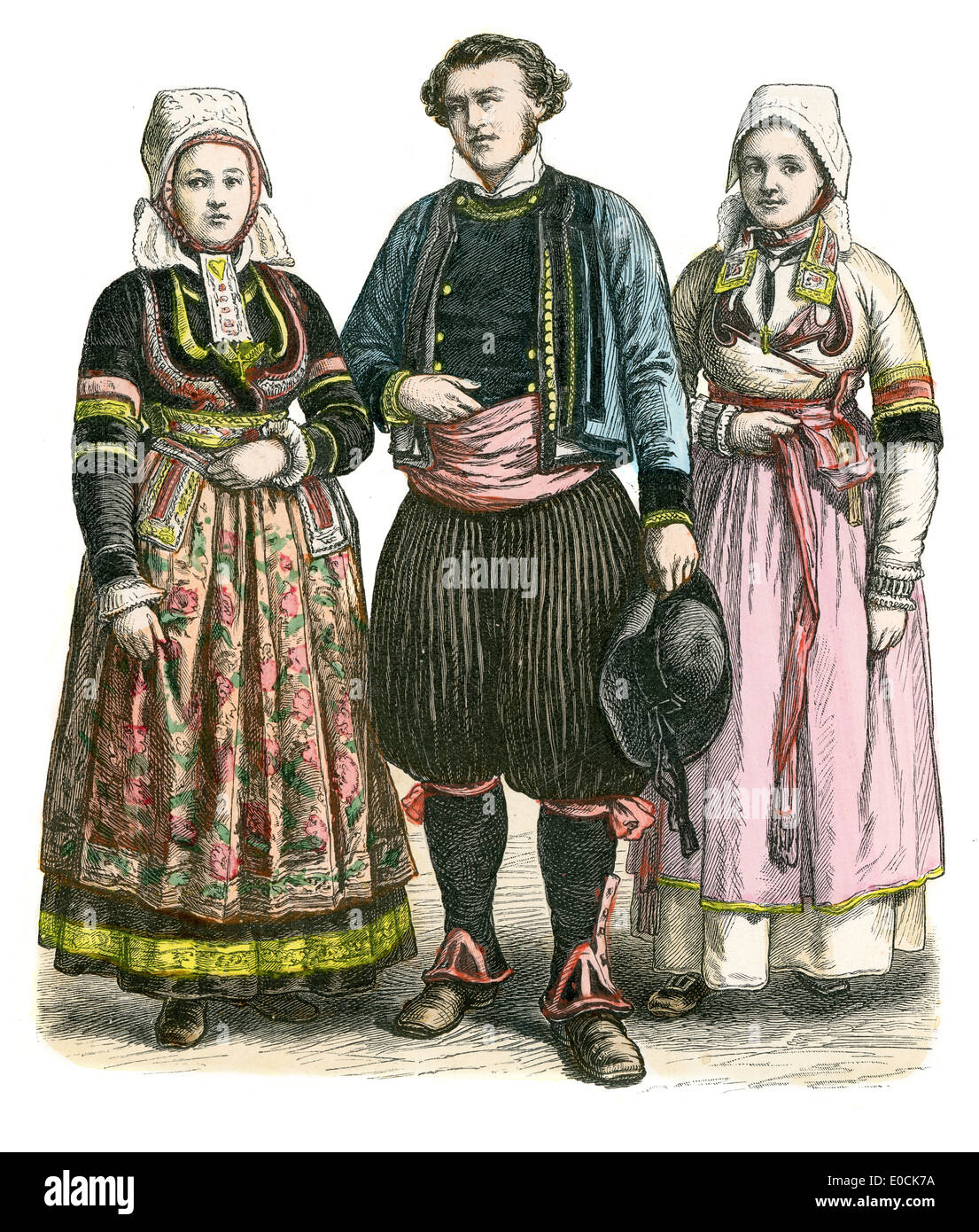 Traditional costumes of France. Man and woman of Brittany, 19th Century ...