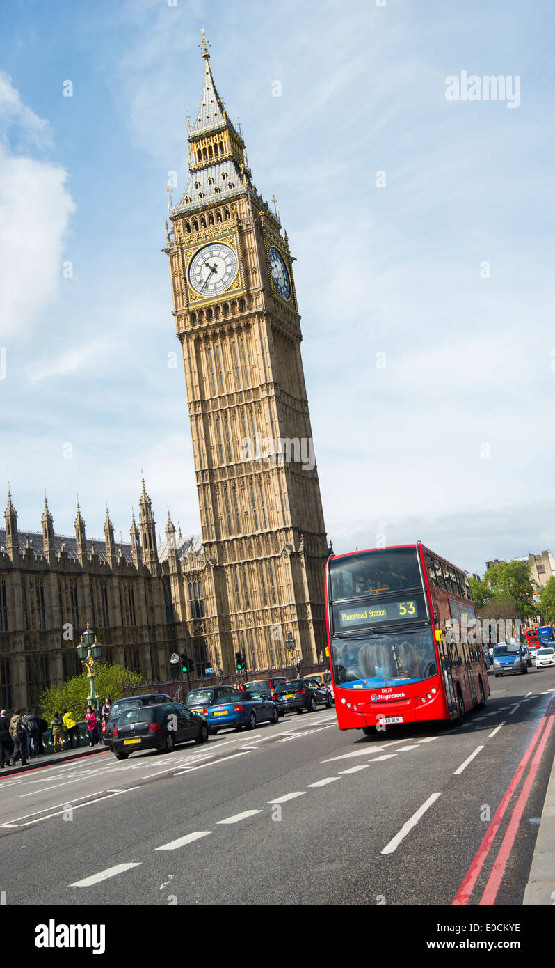 Big Ben, the Houses of Parliament and an iconic red bus taken from ...