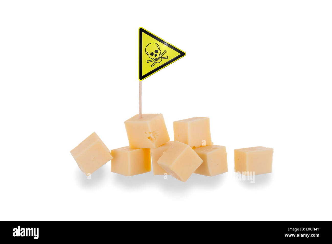 Pieces of cheese isolated on a white background poison warning Stock ...