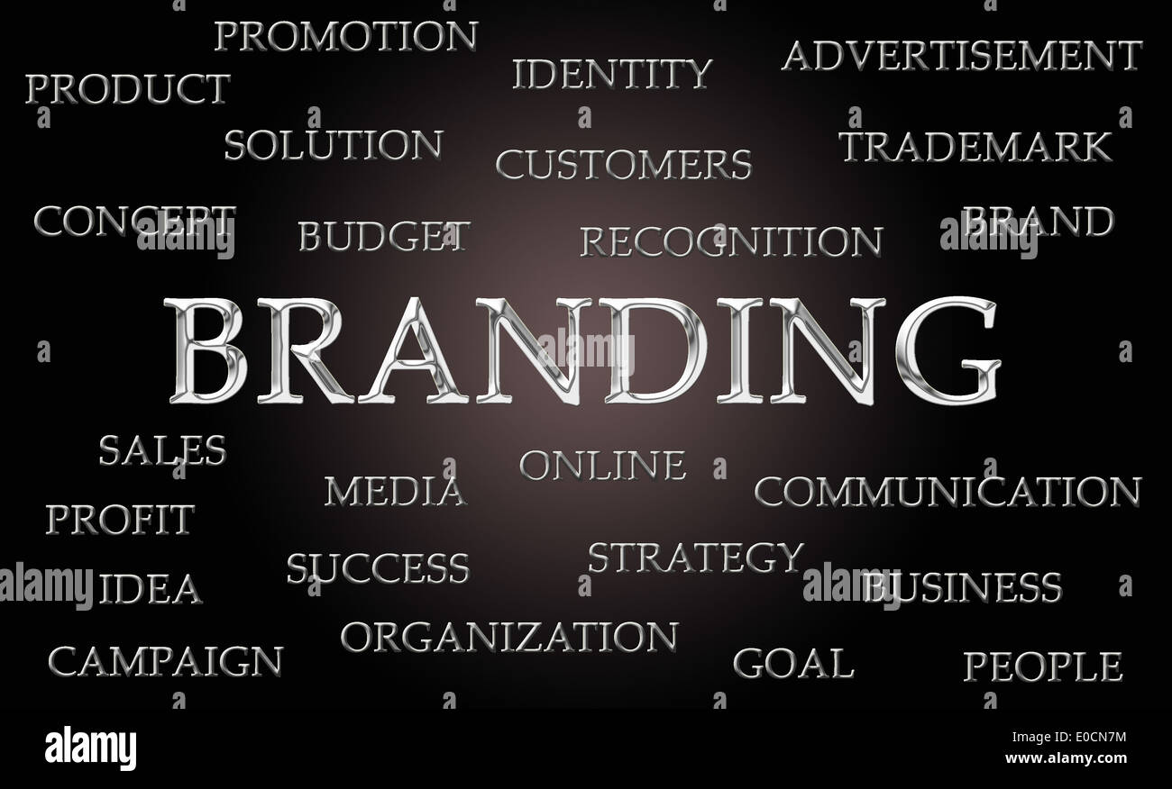 Branding word cloud written in luxurious chrome letters Stock Photo - Alamy