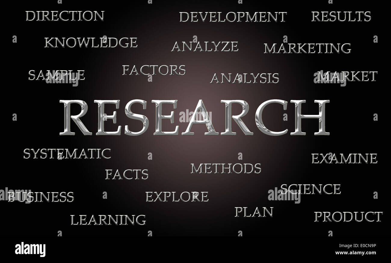 Research word cloud written in luxurious chrome letters Stock Photo - Alamy