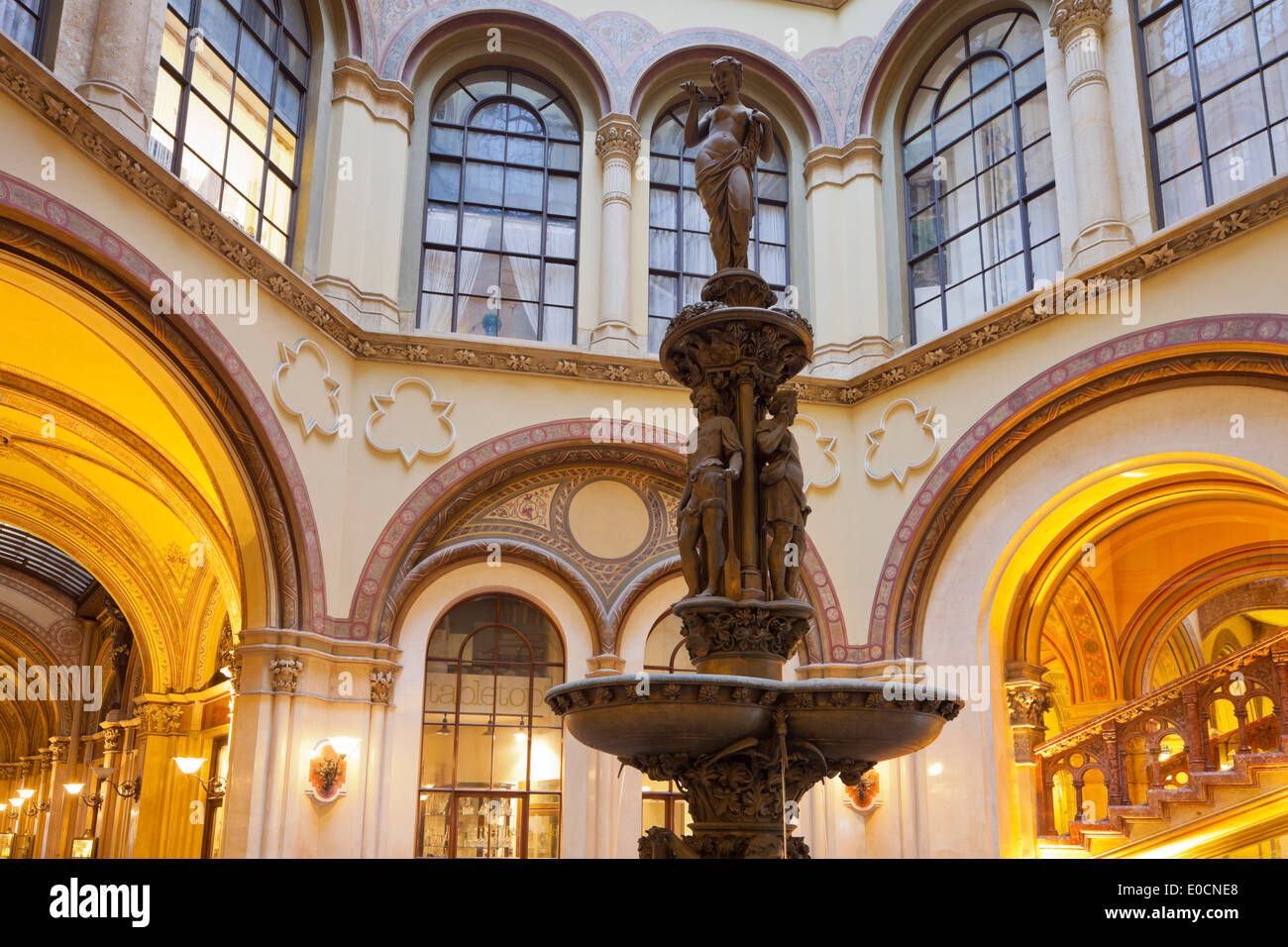 Fountain with statue at the hexagonal courtyard of Ferstel palace, 1st ...