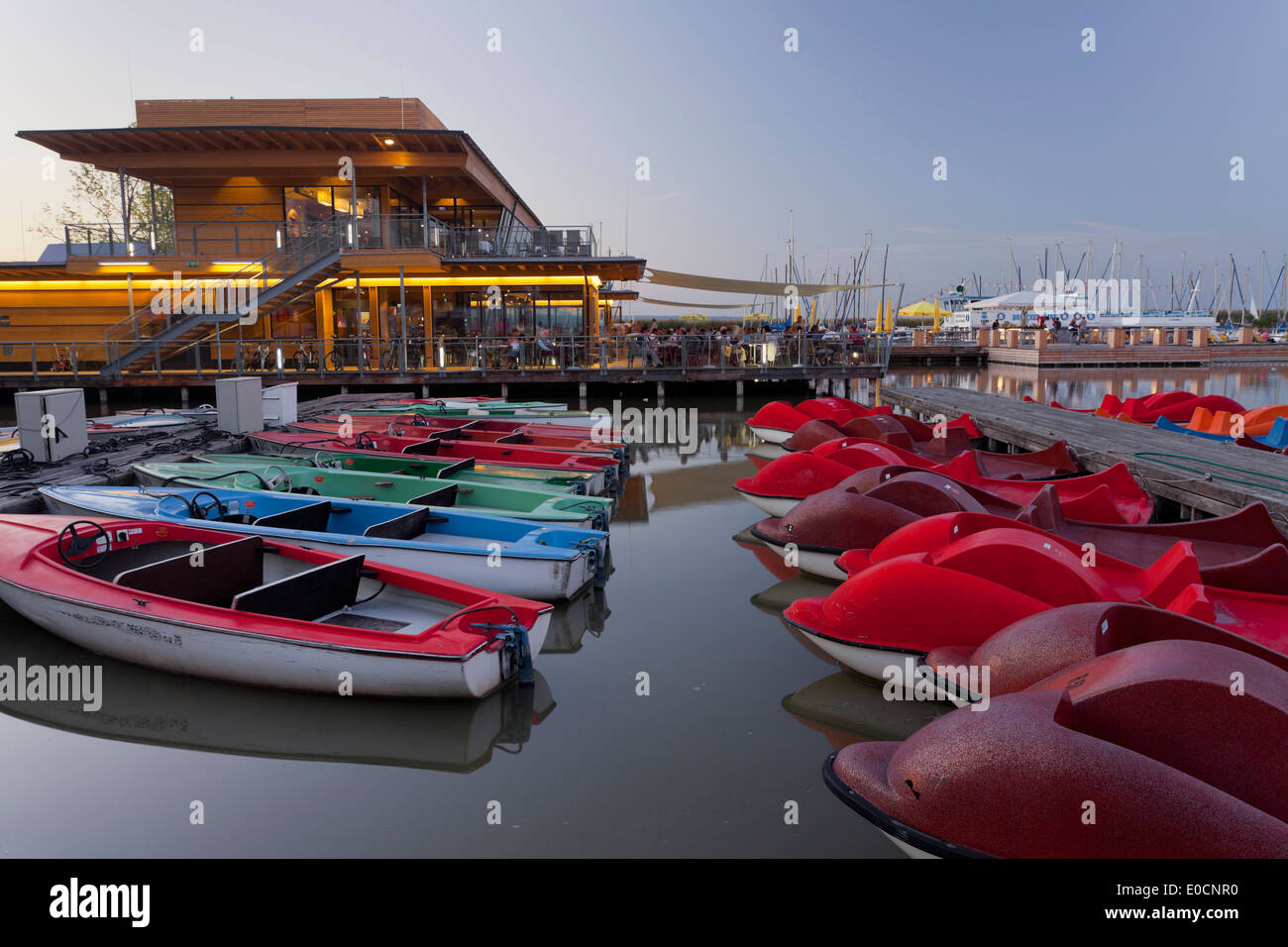 Boats in Rust and restaurant, Rust Bay, Lake Neusiedl, Burgenland ...