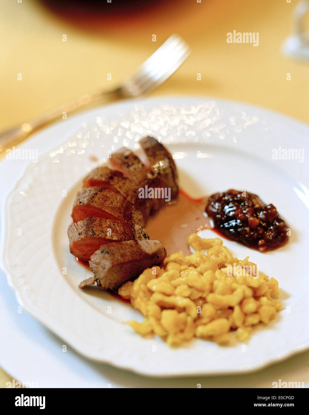 Deer filet with spaetzle and plum chutney, Schloss Frankenberg ...