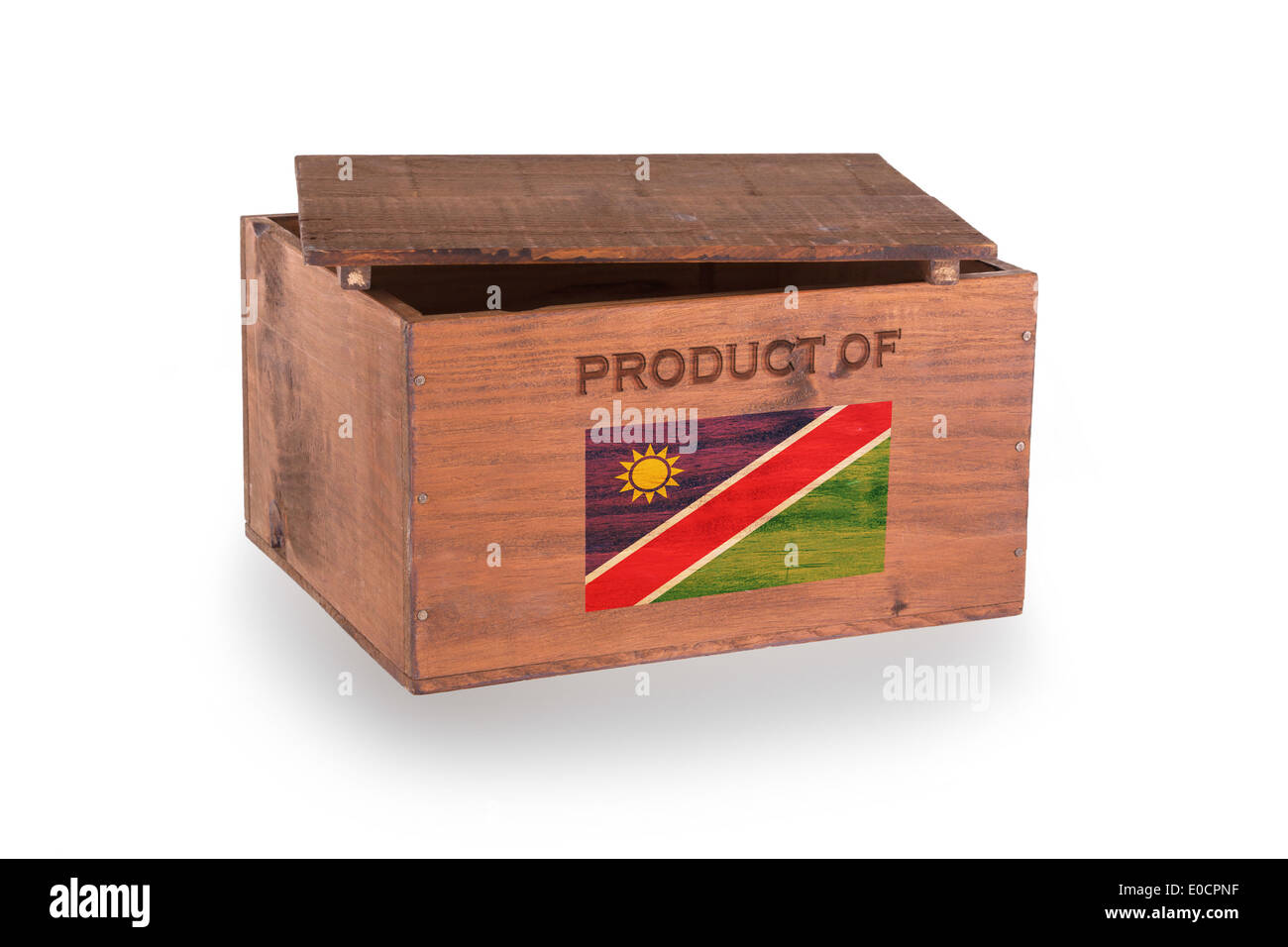 Wooden crate isolated on a white background product of Namibia Stock ...