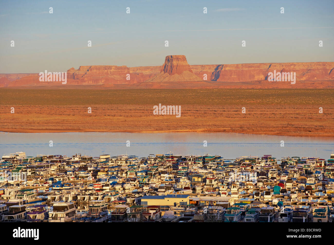 Lake Powell, Wahweap Bay and Wahweap Marina at sunset, Tower Butte ...