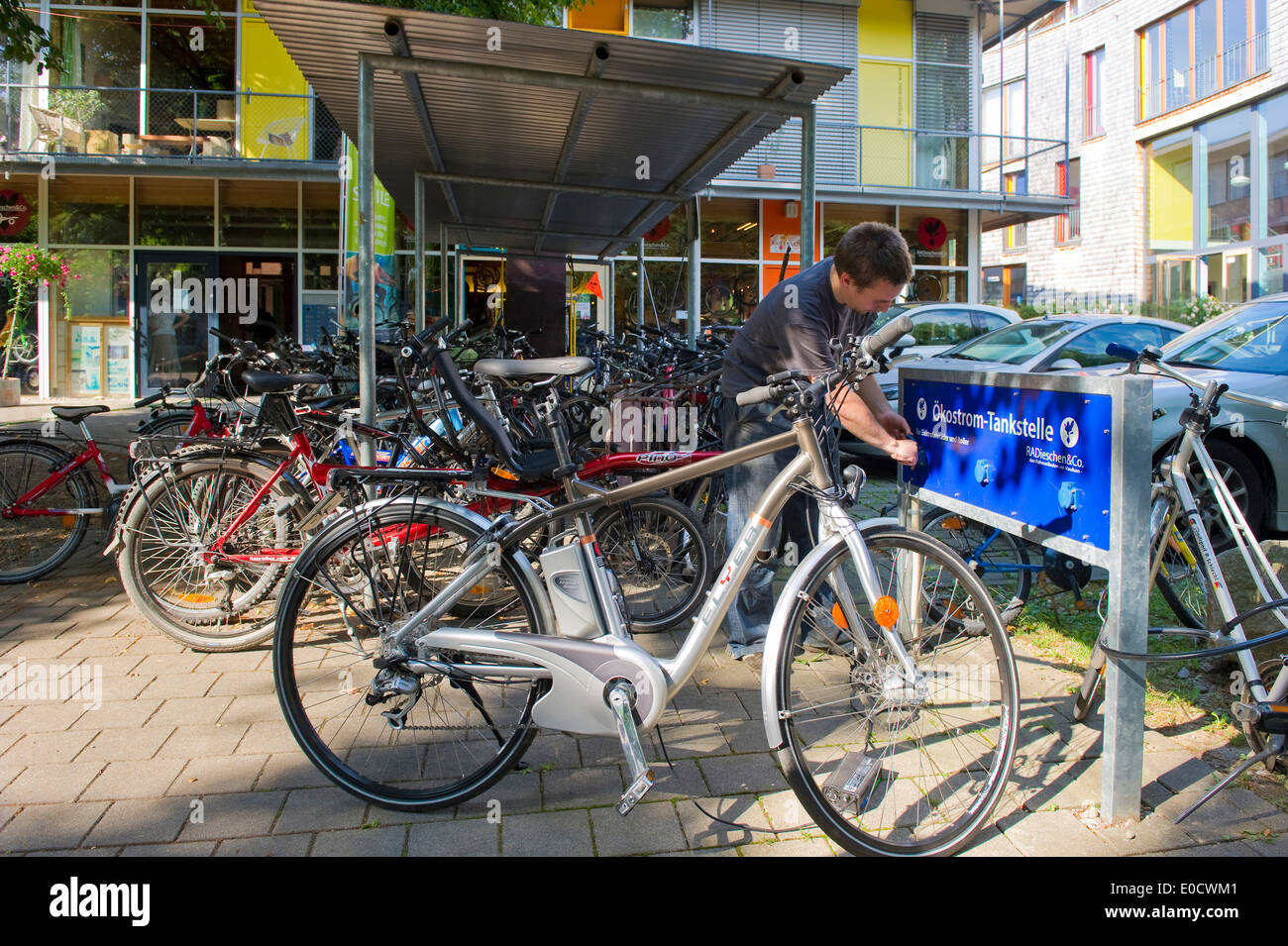 Electric bike at a charging station in the Vauban quarter, Freiburg im ...
