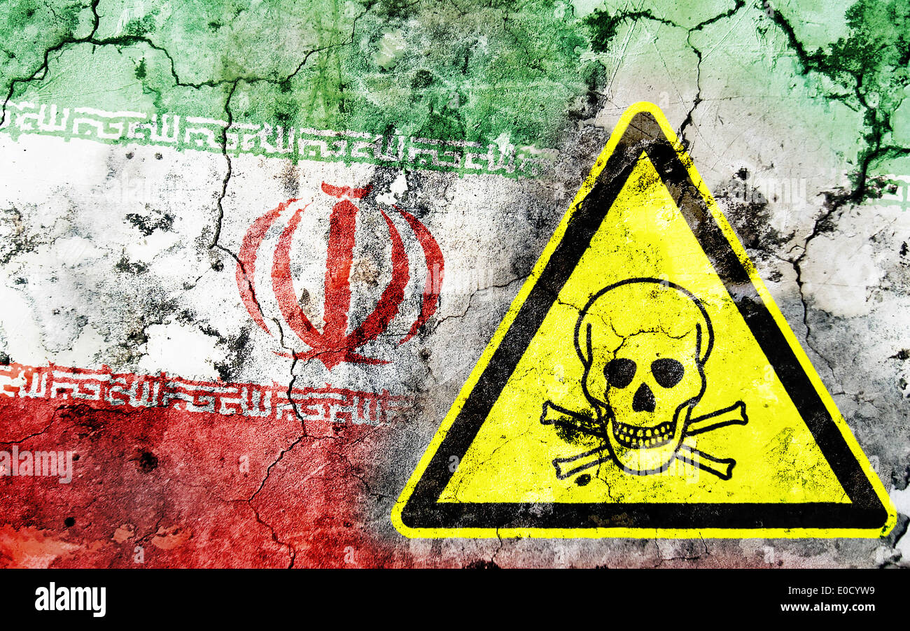 Old cracked wall with poison warning sign and painted flag flag of Iran ...