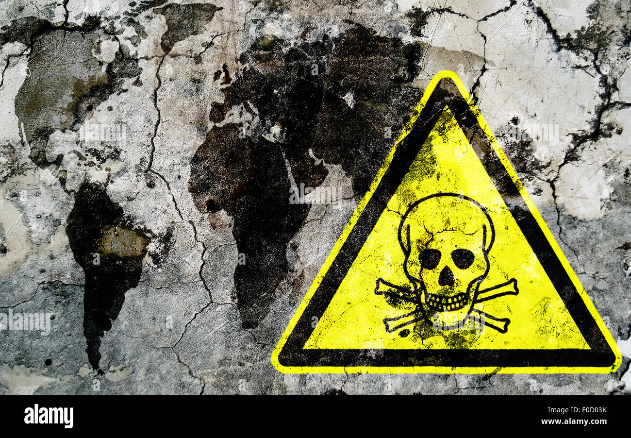 Old cracked wall with poison warning sign and painted flag world map ...