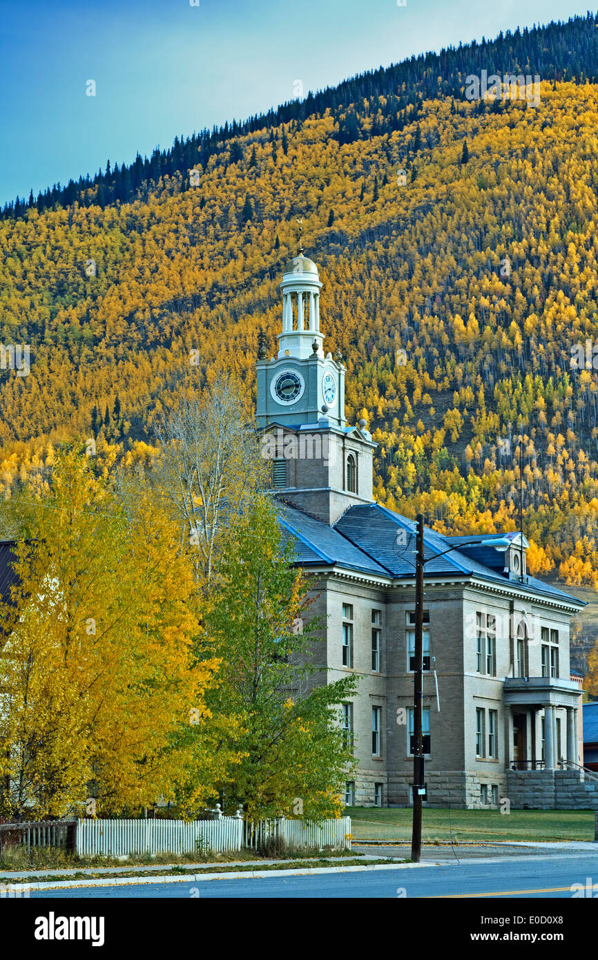 Fall colors and San Juan County Courthouse, Silverton, Colorado USA ...