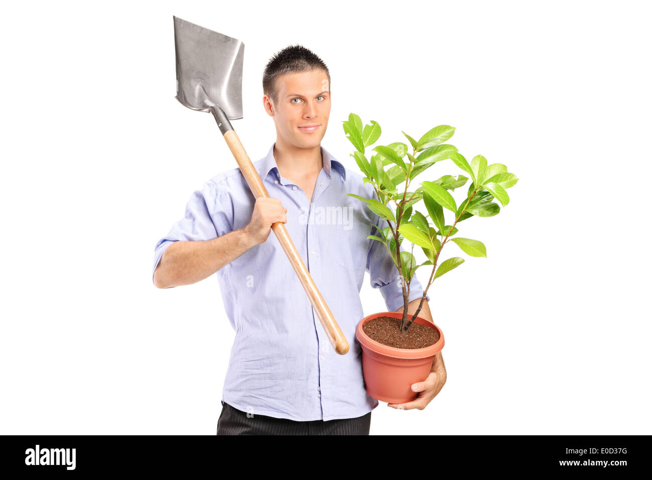 Man holding a shovel and a plant Stock Photo - Alamy