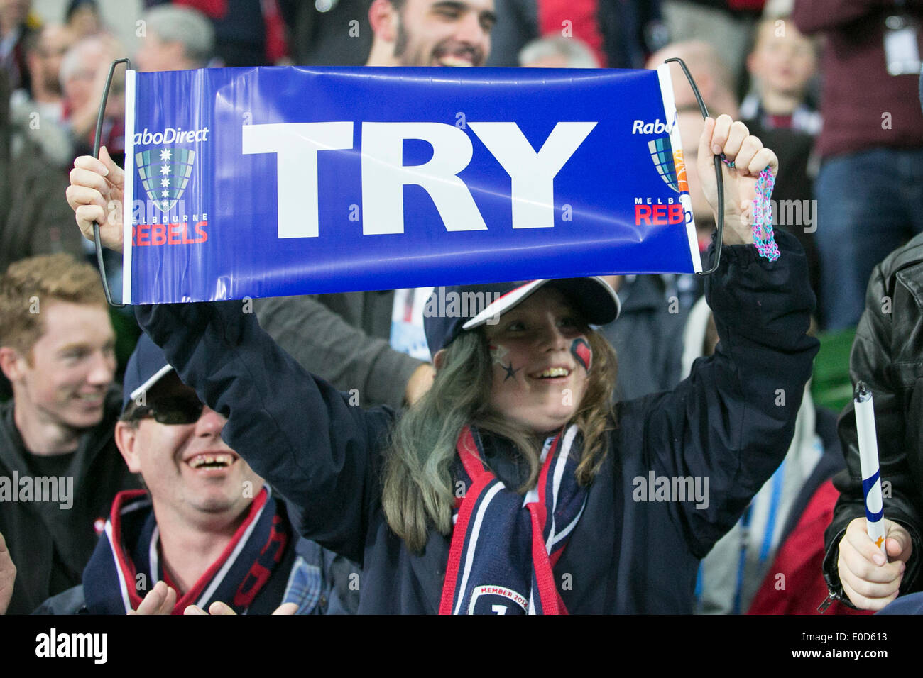 Melbourne, Australia. 09th May, 2014. Melbourne Rebels Fan celebrates a ...