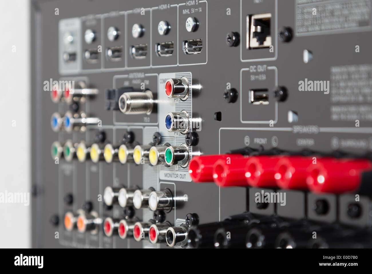 Back side of the receiver with many plugs Stock Photo - Alamy
