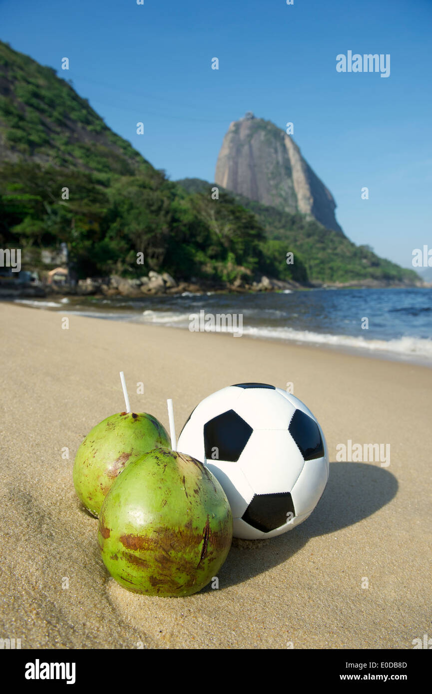 Football soccer ball standing next to fresh green drinking coconuts ...