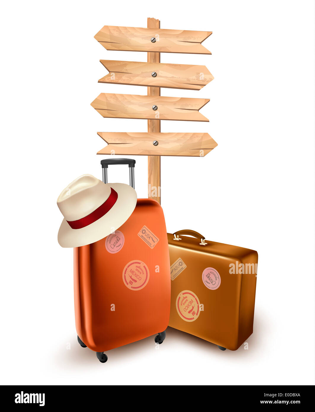 Two travel suitcases and a direction sign. Vector illustration Stock ...