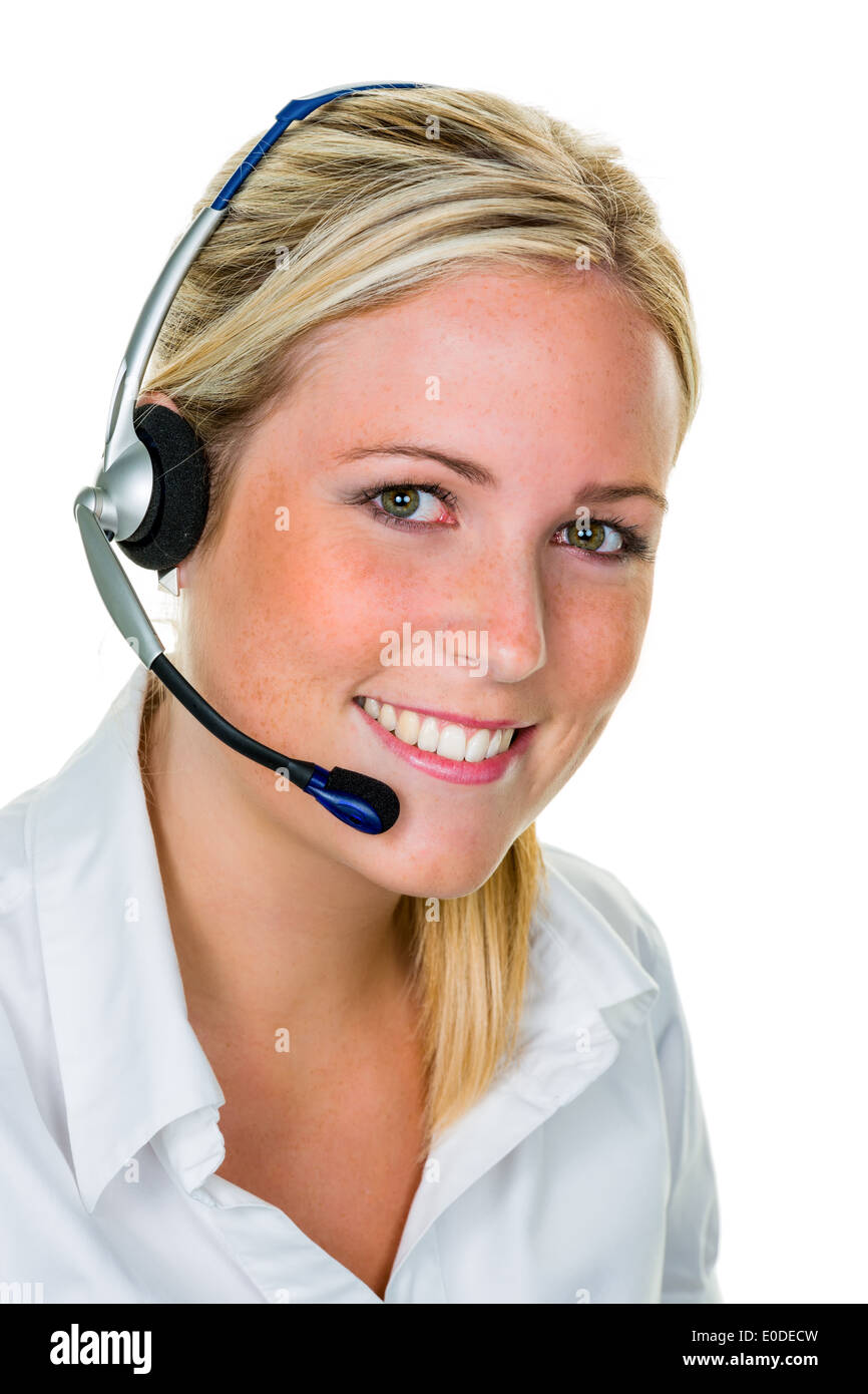 Young woman with Headset calls up in the office with order acceptance ...