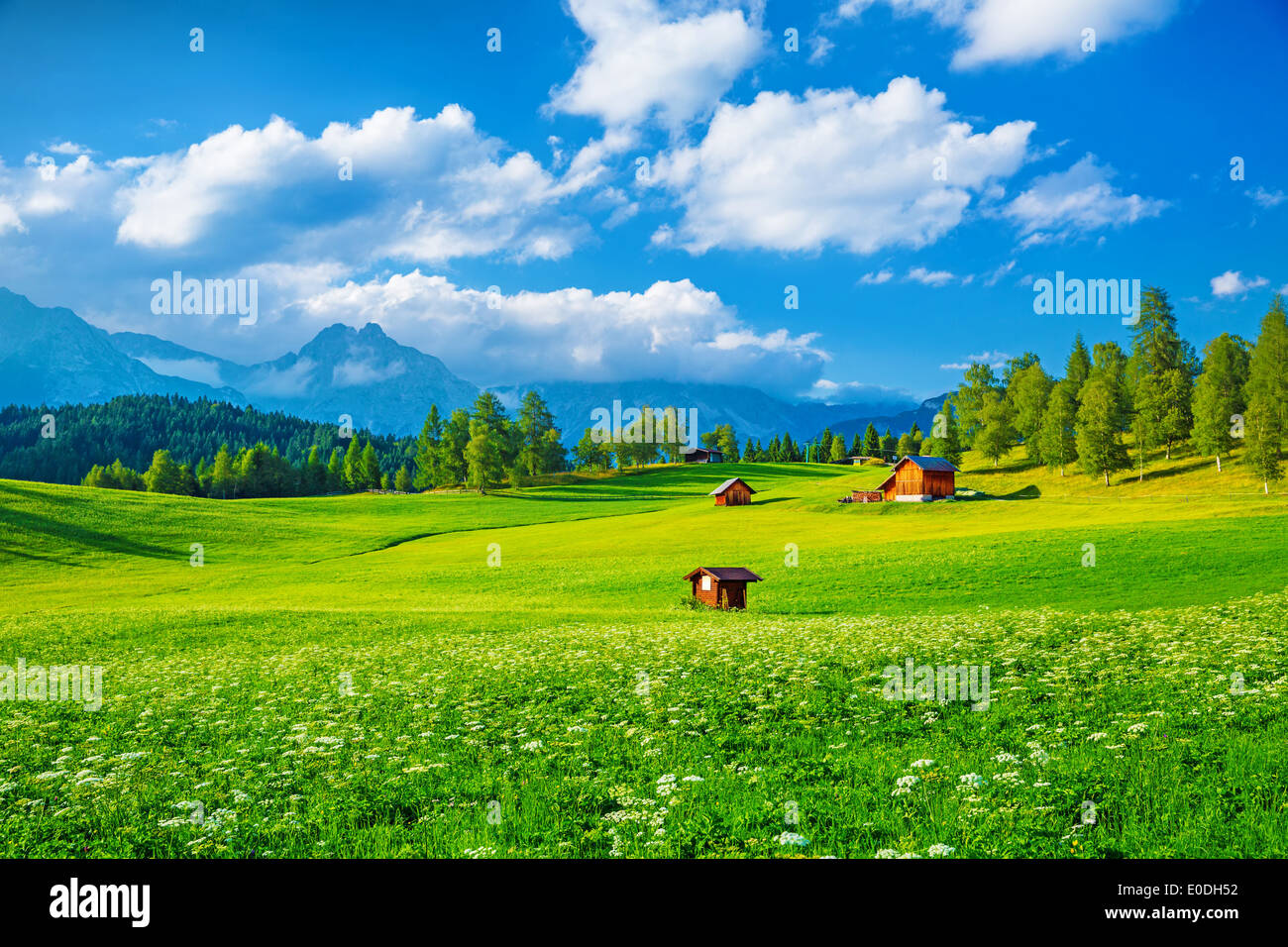 Beautiful landscape of valley in Alpine mountains, small houses in ...