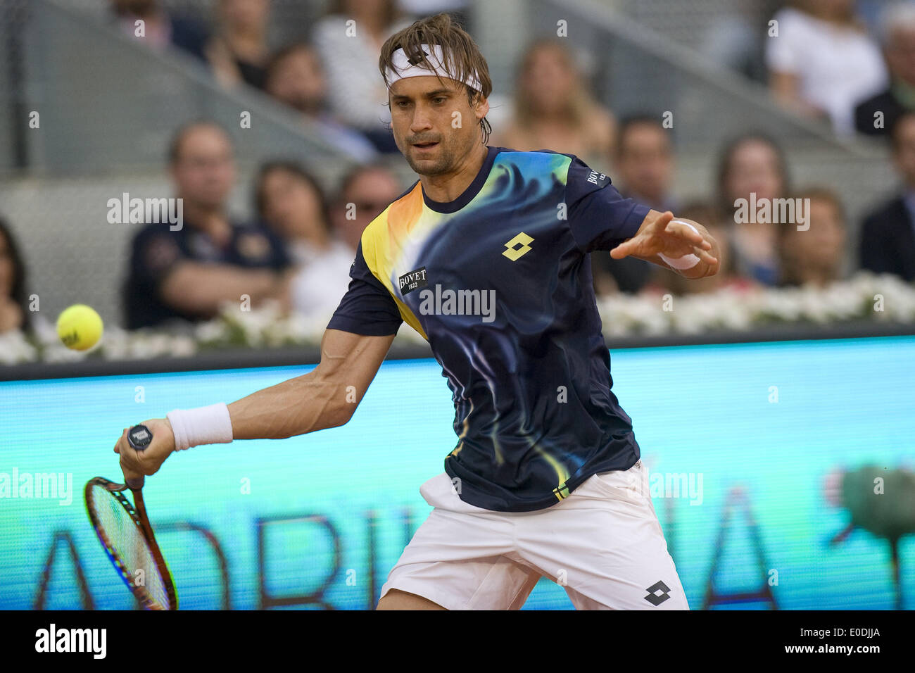 Madrid, Spain. 9th May, 2014. David Ferrer of Spain plays a backhand ...