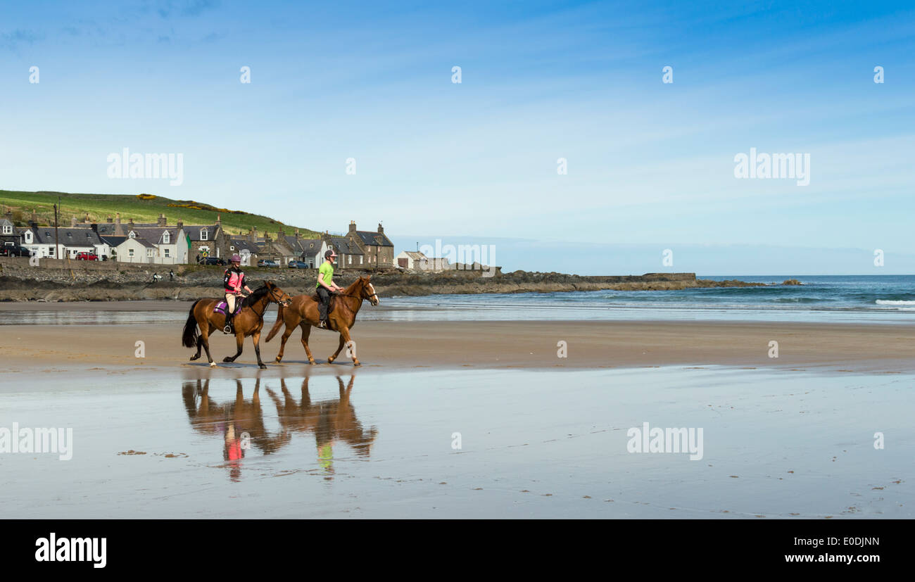 HORSES AND RIDERS ON THE BEACH AT SANDEND BANFFSHIRE COAST SCOTLAND ...