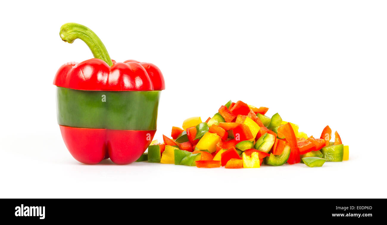 A sliced red and green pepper on a white background Stock Photo - Alamy