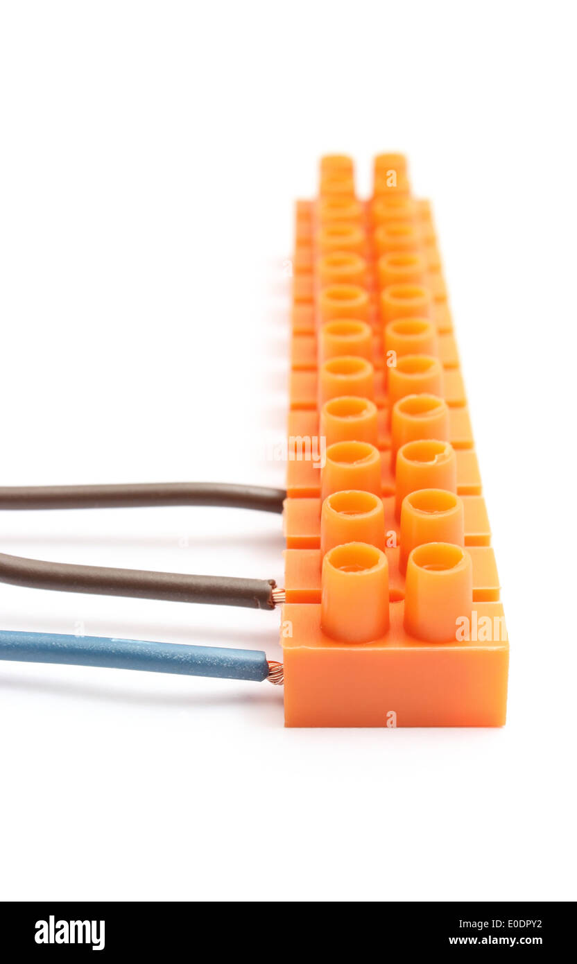 Closeup of electrical wires with terminal blocks, electrical ...