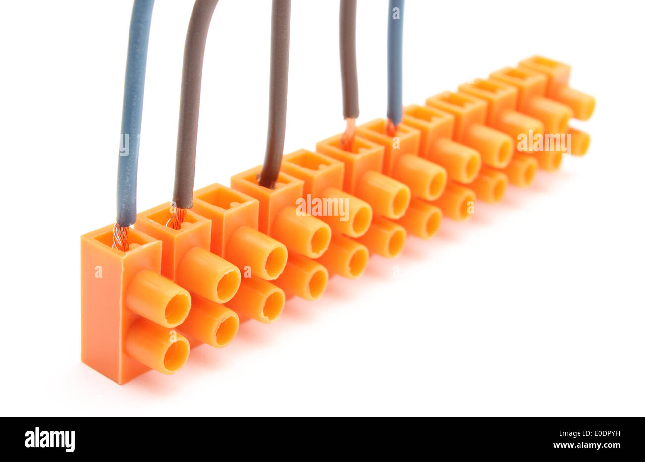 Closeup of electrical wires with terminal blocks, electrical ...