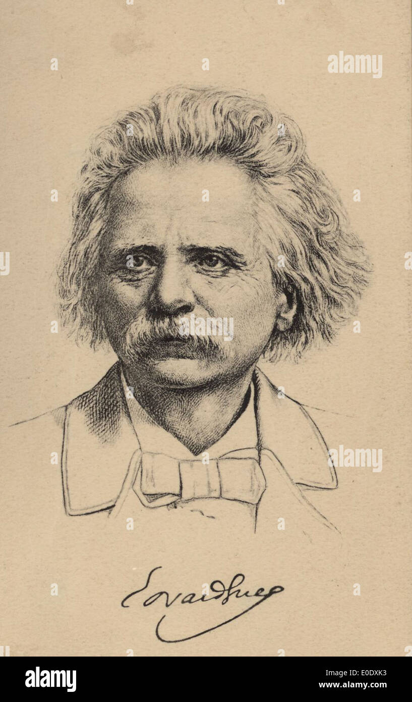 This image features a drawn portrait of Edvard Grieg, a renowned ...