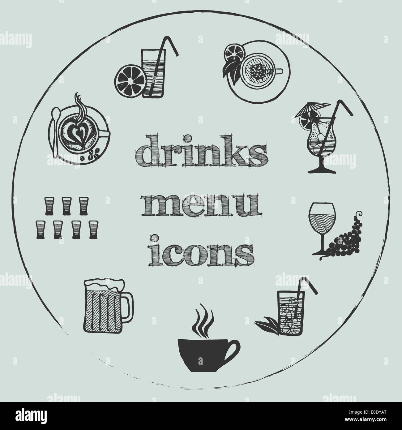Drinks menu icon - hand-drawn icon set on gray circle background Stock ...