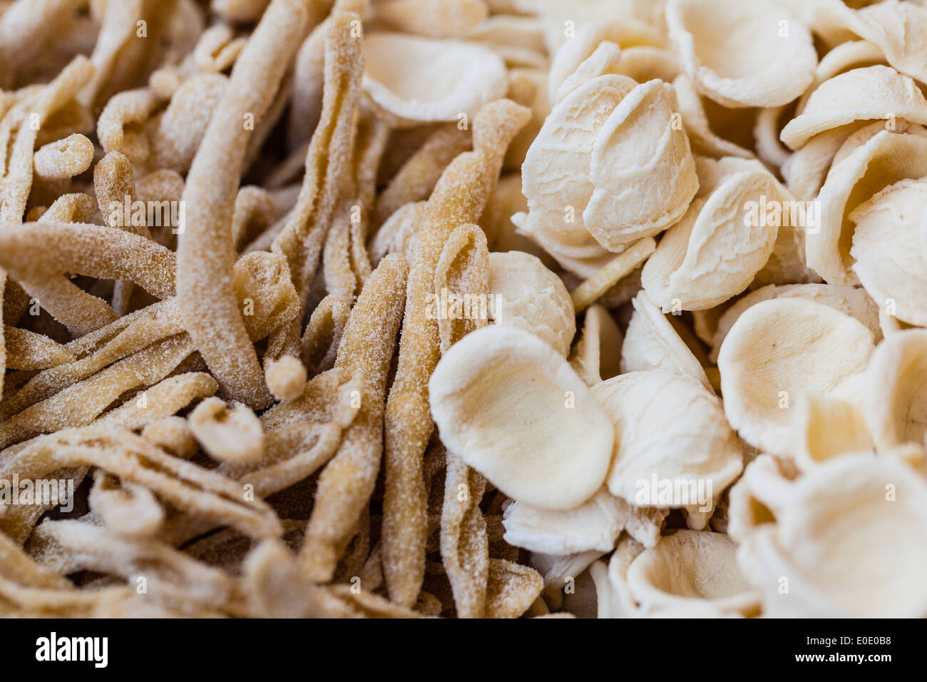 macro shot of two different types of pasta made in Apulia: Trofie and ...