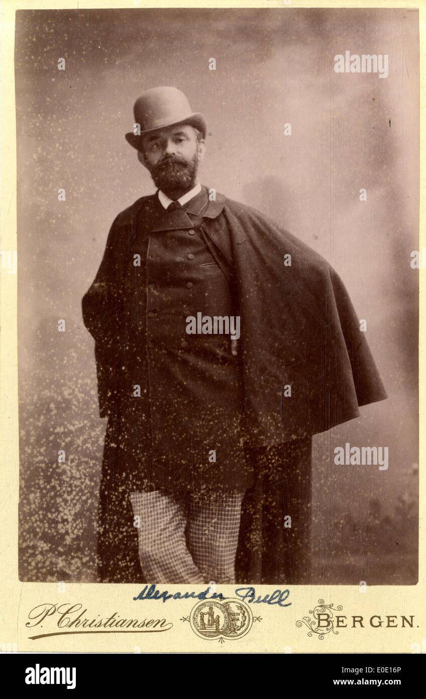 This portrait shows Alexander Bull wearing a bowler hat and dust coat ...