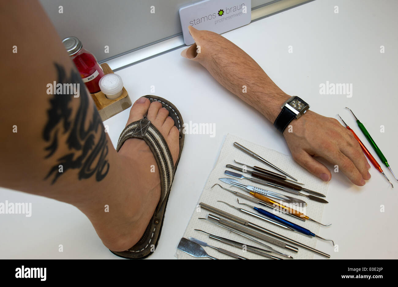 Dresden, Germany. 09th May, 2014. A prosthetic leg with a tattoo and a ...
