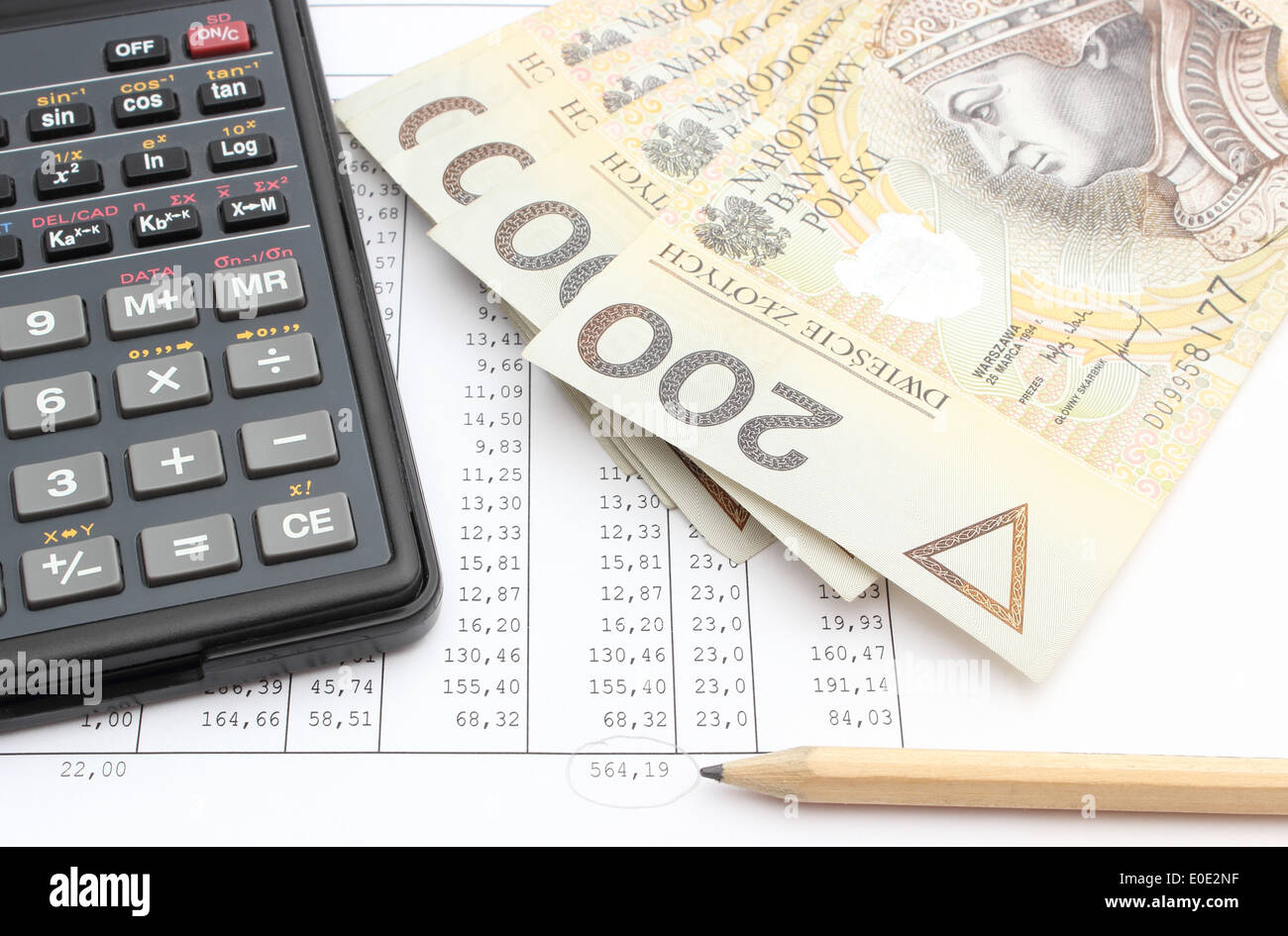 Closeup of polish banknotes, pencil and calculator on spreadsheet Stock ...