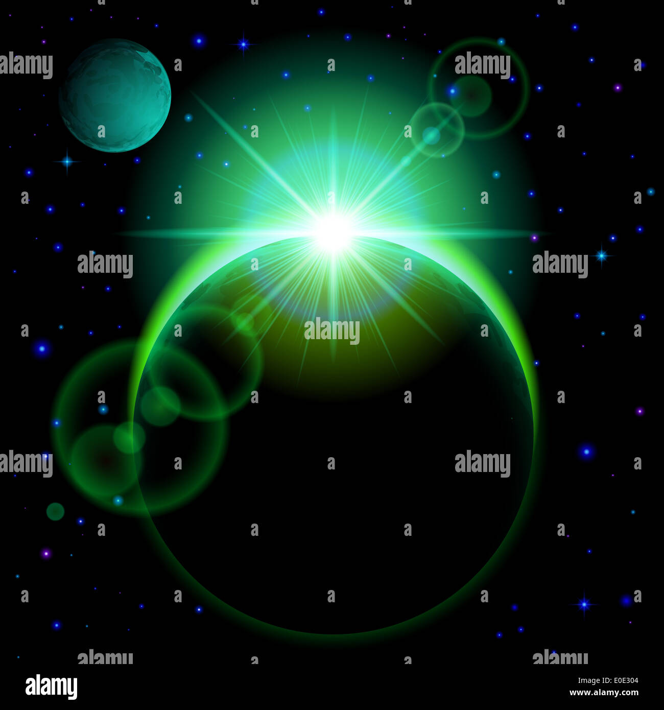 Space background. Dark planet with green radiance and bright flare in ...