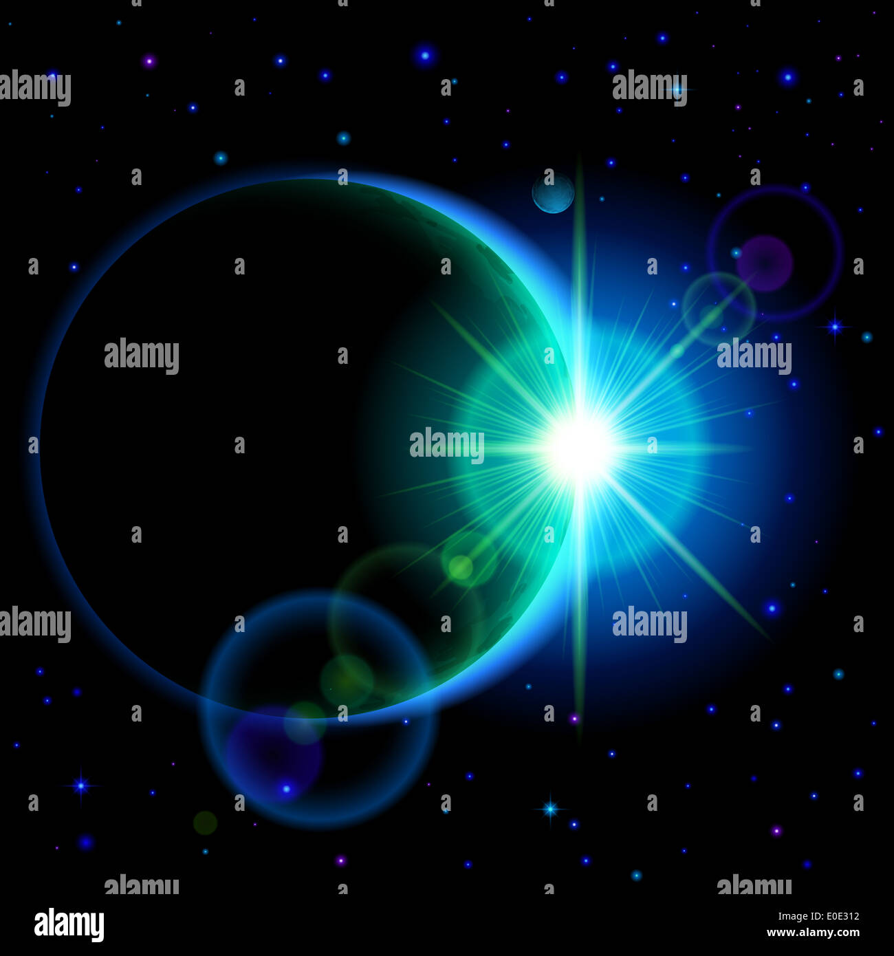 Space background. Dark planet with cyan radiance and bright flare among ...