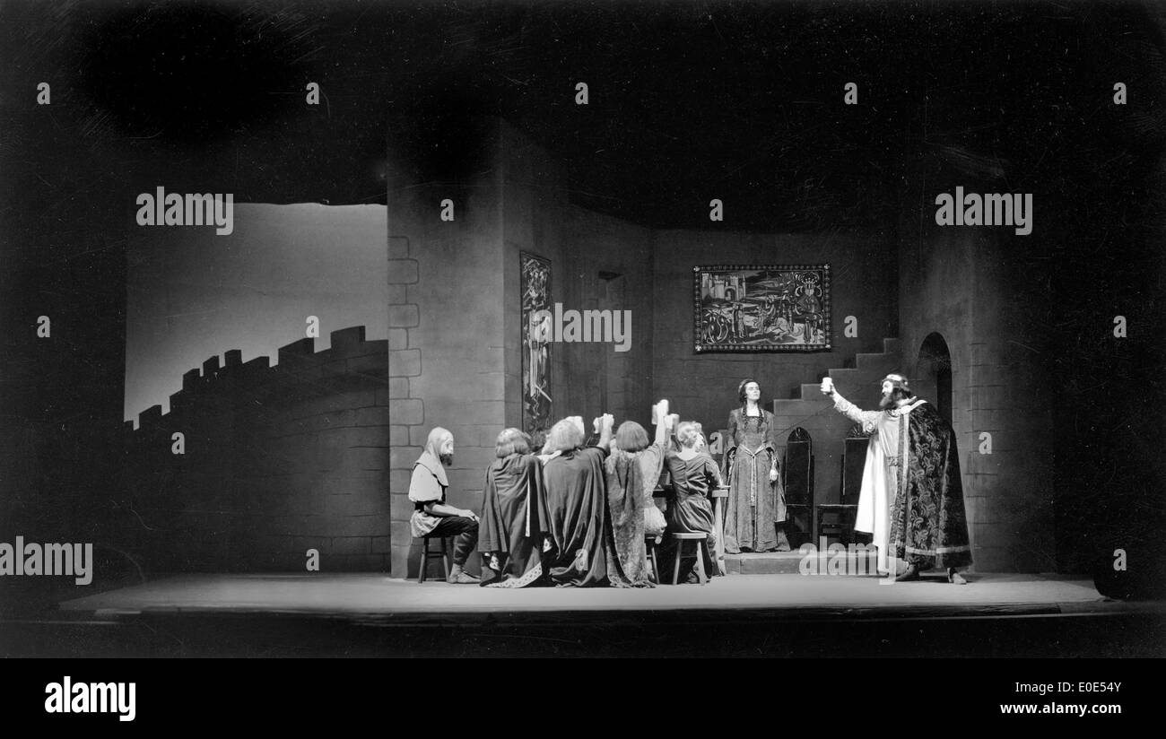 A scene from the play *Macbeth*, depicting a drinking scene, possibly ...